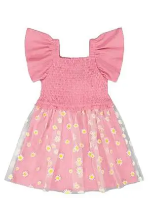 DEUX PAR DEUX Mesh And Crinkle Jersey Smocking Dress - Pink
