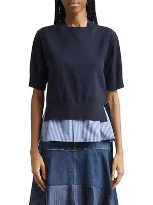 Sacai Mixed Media Poplin & Knit Sweater - Navy/blue Stripe