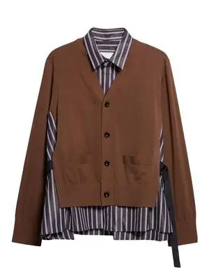 Sacai Mixed Media Poplin & Knit Cardigan - Brown/navy Stripe