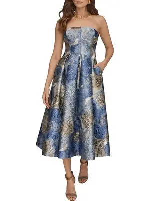 Donna Karan New York Floral Strapless Fit & Flare Midi Cocktail Dress - Washed Indigo Multi