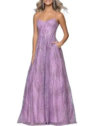 BLONDIE NITES Glitter Mesh A-line Gown - Lavender