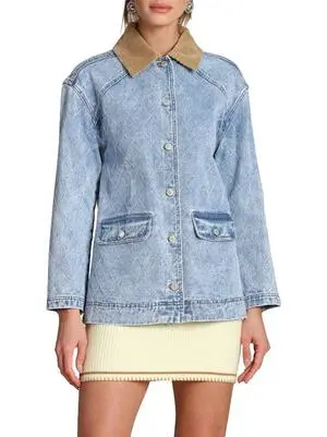 Avec Les Filles Relaxed Contrast Collar Barn Jacket - Light Wash Diamond