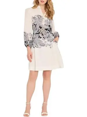 TAHARI ASL Belted Border Print Long Sleeve Dress - Ivory Black