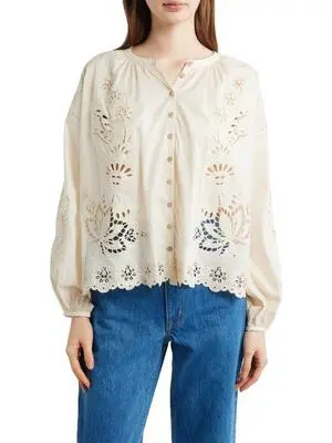 Farm Rio Artisanal Embroidered Eyelet Cotton Button-up Shirt - Light Pink