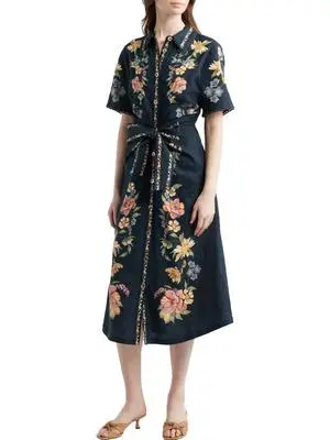 Farm Rio Maira Floral Belted Shirtdress - Maira Floral Dark Blue