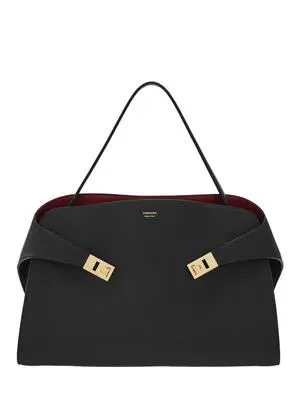 FERRAGAMO Hug Medium Leather Tote Bag - Black