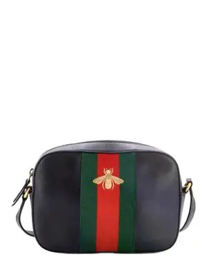 Gucci Bee Web Leather Camera Bag - Black