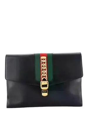 Gucci Sylvie Leather Maxi Clutch Bag - Black