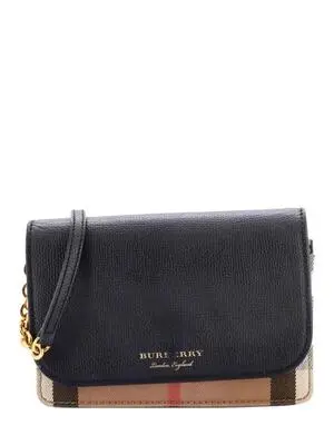 Burberry Hampshire Wallet On Chain Leather And House Check Canvas Crossbody Bag - Black