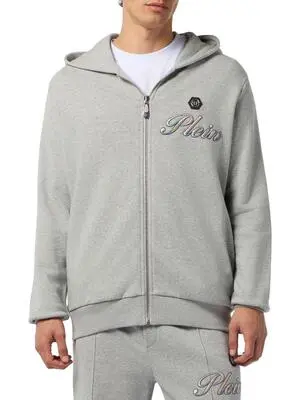 Philipp Plein Zip-up Hoodie With Embellished Logo - Grey