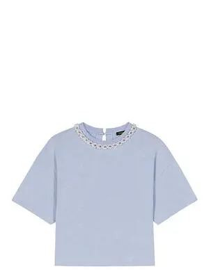 Maje Embellished Cotton-jersey T-shirt - Blue Sky