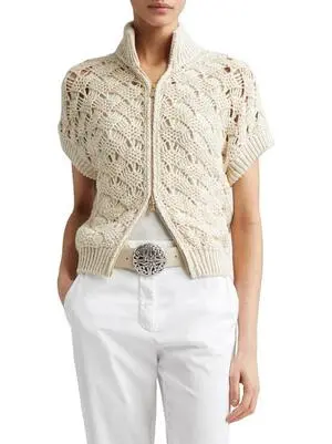 Eleventy Sequin Crochet Short Sleeve Cardigan - Ivory