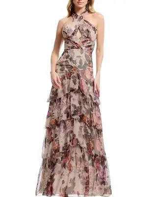 Dress The Population Cutout Halter Evening Gown - Champagne Multi
