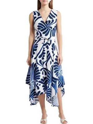 Sam Edelman Abstract Floral Handkerchief Hem Midi Dress - Navy/white