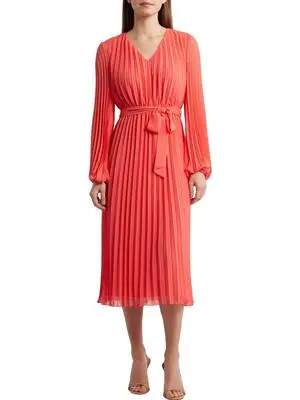 Sam Edelman Pleated Long Sleeve Dress - Coral