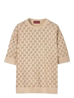 Gucci Wool Cashmere Sweater With Gg Crystals - Beige
