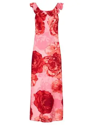 MILLY Scarlett Printed Ruffle Neck Midi Dress - Pink