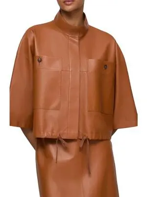Lafayette 148 New York Oversized Cropped Leather Shirt Jacket - Copper