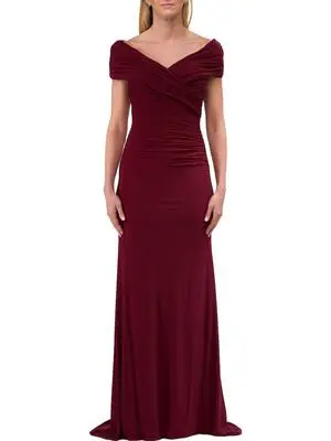 La Femme Off-the-shoulder Ruched Evening Dress - Dark Berry