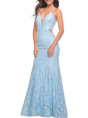 La Femme Long Mermaid Lace Dress - Cloud Blue