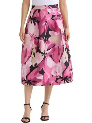 Ming Wang Shimmer Lined Floral Jacquard Woven Midi Skirt - Carmine Rose/pink