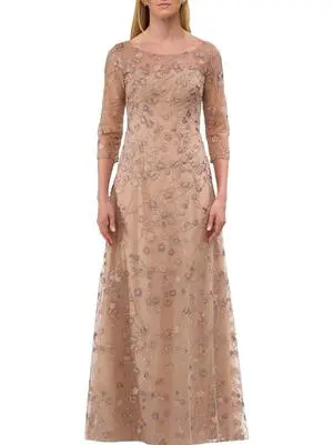 La Femme Floral Gown With Illusion Neckline - Cocoa