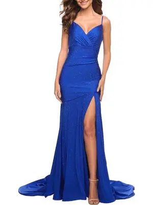 LABOMME Jersey Rhinestone Gown With Train - Royal Blue