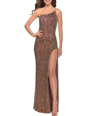 LABOMME One-shoulder Sequin Gown - Bronze