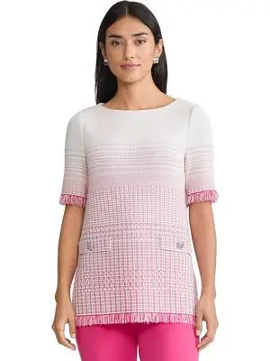 Ming Wang Ombre Fringe Trim Jacquard Knit Tunic - Carmine Rose/limestone