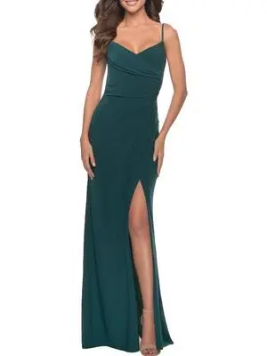 La Femme Long Jersey Dress With V-neck And Open Back - Dark Emerald