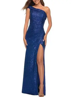 La Femme Sequin One-shoulder Gown - Indigo