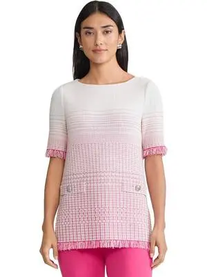 Ming Wang Jacquard Knit Tunic With Fringe Trim - Carmine Rose/limestone