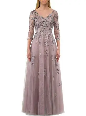 LABOMME Lace Applique Tulle A-line Gown With Illusion Sleeves - Silver/mauve