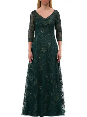 LABOMME Lace Floral Gown With V-neck - Dark Emerald