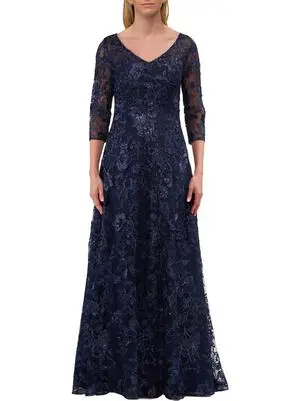 La Femme Lace Floral Gown With V-neck - Navy
