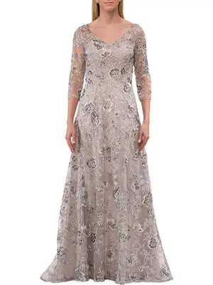La Femme Lace Floral Gown With V-neck - Silver