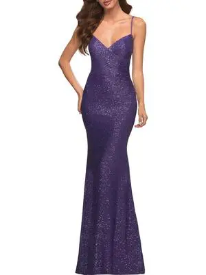 LABOMME Sequin Strappy Back Prom Gown - Purple