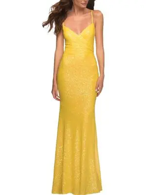 LABOMME Sequin Strappy Back Prom Gown - Yellow
