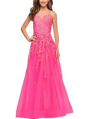 LABOMME Lace And Tulle Ball Gown - Neon Pink