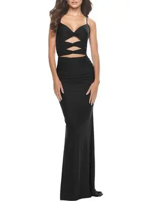 La Femme Twist Front Cut Out Jersey Prom Dress - Black