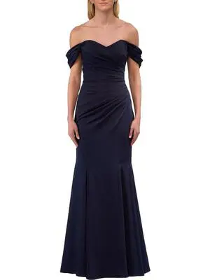 La Femme Off-the-shoulder Gown With Side Pleating - Navy