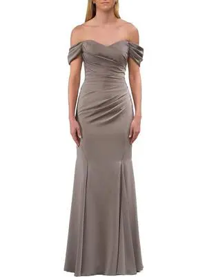 LABOMME Off-the-shoulder Gown With Side Pleating - Pewter