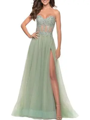 LABOMME Rhinestone Tulle Gown With Sheer Lace Bodice - Sage