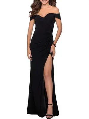 LABOMME Off-the-shoulder Ruched Gown - Black