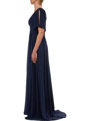 La Femme Net Jersey Long Dress With Ruffle Sleeve - Navy
