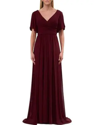 LABOMME Net Jersey Long Dress With Ruffle Sleeve - Wine