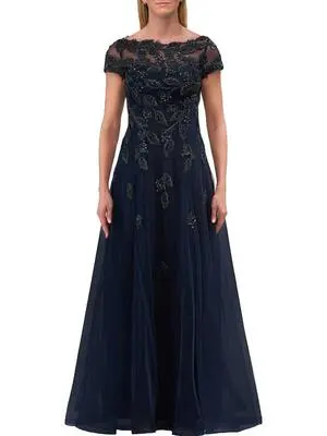 La Femme A-Line Tulle Gown With Appliqué Navy