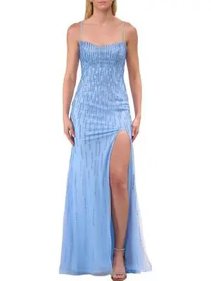 La Femme Long Jeweled Gown With Lace-up Back - Cloud Blue