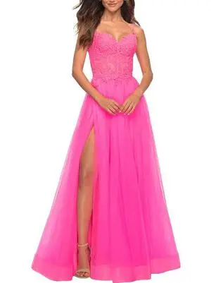 LABOMME Tulle And Lace Ballgown With Slit And Pockets - Neon Pink