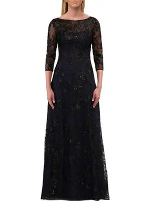 La Femme Lace Gown With Illusion Neckline - Black/navy